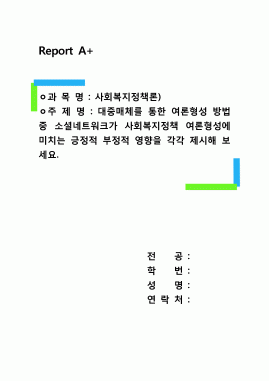 사회복지정책론)대중매체를 통한 여론형성 방법중 소셜네트워크가 사회복지정책 여론형성에 미치는 긍정적 부정적 영향을 각각 제시해 보세요-1페이지