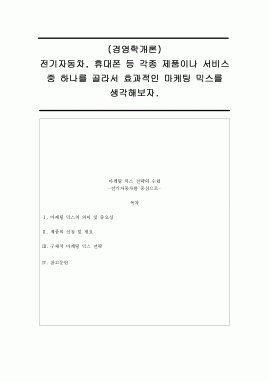 경영학개론)전기자동차 휴대폰 등 각종 제품이나 서비스 중 하나를 골라서 효과적인 마케팅 믹스를 생각해보자-1페이지