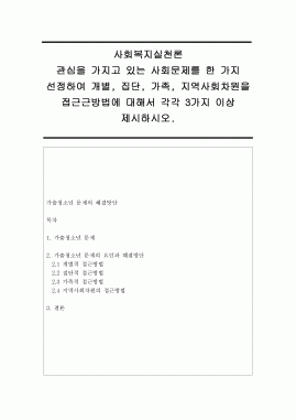 사회복지실천론)관심을 가지고 있는 사회문제를 한 가지 선정하여 개별 집단 가족 지역사회차원을 접근근방법에 대해서 각각 3가지 이상 제시하시오-1페이지