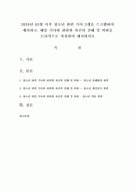 2018년 03월 이후 청소년 관련 기사 3개를 스크랩하여 제시하고 해당 기사와 관련한 자신의 견해 및 비판을 논리적으로 작성하여 제시하시오-1페이지