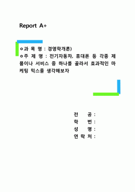 경영학개론)전기자동차 휴대폰 등 각종 제품이나 서비스 중 하나를 골라서 효과적인 마케팅 믹스를 생각해보자-1페이지