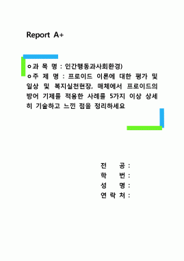 인간행동과사회환경 ) 프로이드 이론에 대한 평가 및 일상 및 복지실천현장 매체에서 프로이드의 방어 기제를 적용한 사례를 5가지 이상 상세히 기술하고 느낀 점을 정리하세요-1페이지