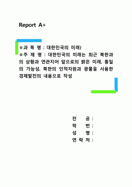 대한민국의미래 ) 대한민국의 미래는 최근 북한과의 상황과 연관지어 앞으로의 밝은 미래 통일의 가능성 북한의 인적자원과 광물을 사용한 경제발전의 내용으로 작성-1페이지