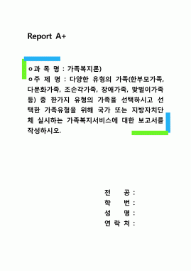 가족복지론 ) 다양한 유형의 가족(한부모가족 다문화가족 조손각가족 장애가족 맞벌이가족 등) 중 한가지 유형의 가족을 선택하시고 선택한 가족유형을 위해 국가 또는 지방자치단체 실시하는 가족복지서비스에 대한-1페이지