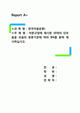 한국어음운론 ) 어문규정에 제시된 10개의 단모음을 모음의 분류기준에 따라 IPA를 밝혀 제시하십시오-1페이지