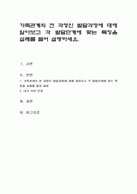 가족관계의 전 과정인 발달과정에 대해 알아보고 각 발달단계에 맞는 특징을 실례를 들어 설명하세요-1페이지