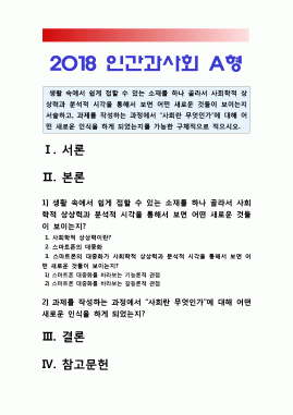 2018 인간과사회A형-사회학적상상력] 생활속에서 쉽게 접할수 있는 소재를 하나 골라서 사회학적 상상력과 분석적시각 통해서 보면 어떤 새로운 것들이 보이는지 서술 사회란 무엇인가-1페이지