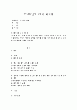 (성사랑사회 C형) 현대 사회에서 가족의 의미는 어떻게 변화하고 있으며 점차 다양해지는 가족의 형태와 친밀한 관계의 양상을 사회적으로 수용하는 것이 왜 중요한지에 대해서 논하-1페이지