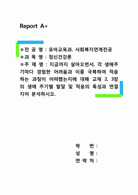 정신건강론 = 지금까지 살아오면서 각 생애주기마다 경험한 어려움과 이를 극복하여 적응하는 과정이 어떠했는지에 대해  생애 주기별 발달 및 적응의 특성과 연결 지어 분석하시오-1페이지