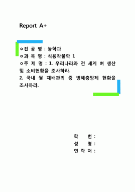 식용작물학 = 1우리나라와 전 세계 벼 생산 및 소비현황을 조사하라 2 국내 쌀 재배관리 중 병해충방제 현황을 조사하라-1페이지