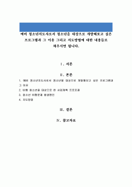 예비 청소년지도사로서 청소년을 대상으로 개발해보고 싶은 프로그램과 그 이유 그리고 지도방법에 대한 내용들로 채우시면 됩니다-1페이지