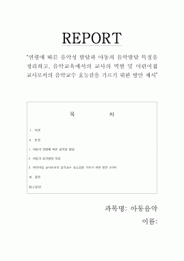 연령에 따른 음악성 발달과 아동의 음악발달 특징을 정리하고 음악교육에서의 교사의 역할 및 어린이집 교사로서의 음악교수 효능감을 기르기 위한 방안 제시-1페이지