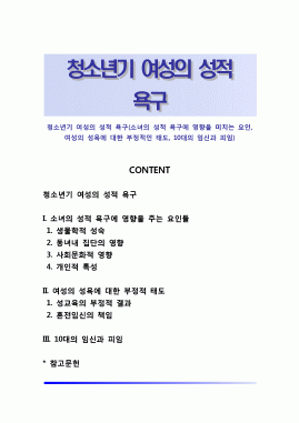 청소년기 여성의 성적 욕구(소녀의 성적 욕구에 영향을 미치는 요인, 여성의 성욕에 대한 부정적인 태도, 10대의 임신과 피임)-1페이지