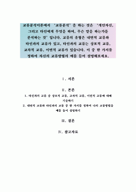 교류분석이론에서 교류분석하는 것은 개인자신, 타인에게 무엇을 하며, 무슨말을 하는가를 분석. 교류 유형은 내면적 교류와 타인과 교류, 타인과 교류는 상보적 교류,교차적 교류,이면적 교류. 자신의 교류방법 예-1페이지