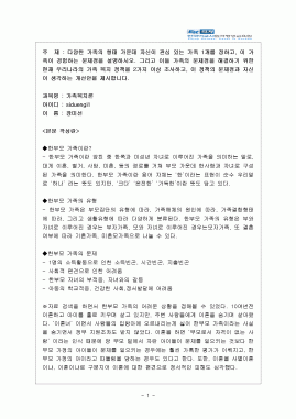 [가족복지론] 다양한 가족의 형태 가운데 가족 1개를 정하고, 경험하는 문제점을 설명하시오. 이들 가족의 문제점을 해결하기 위한 가족 복지 정책을 2가지 이상 조사하고, 문제점과 개선안을 제시합니다 - 한부모 -1페이지