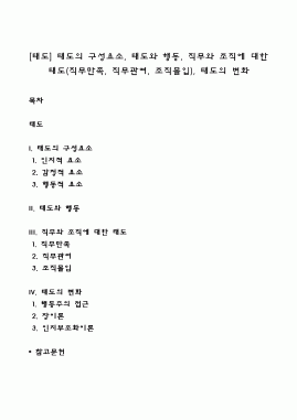 [태도] 태도의 구성요소 태도와 행동 직무와 조직에 대한 태도(직무만족 직무관여 조직몰입) 태도의 변화-1페이지