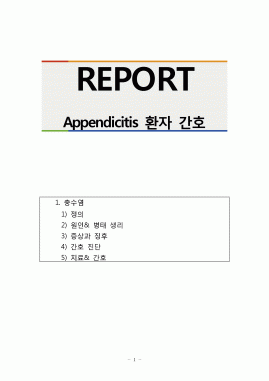 충수염 레포트 (충수염 Appendicitis 정의 원인 병태생리 증상 간호진단 치료 간호)-1페이지
