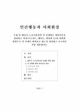 [인간행동과사회환경] 주제 2) 태아기-노년기까지의 각 단계별로 핵심부분을 정리하고 학자(프로이트 에릭슨 피아제 등)이 어떠한 관점으로 각 단계를 바라보고 있는지 정리하고 보고-1페이지