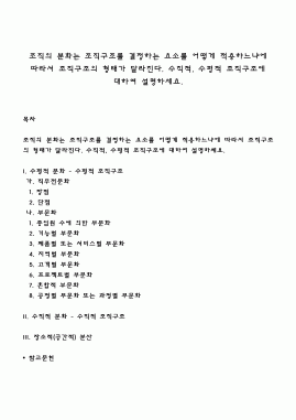 조직의 분화는 조직구조를 결정하는 요소를 어떻게 적용하느냐에 따라서 조직구조의 형태가 달라진다 수직적 수평적 조직구조에 대하여 설명하세요-1페이지