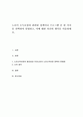 노년기 소득보장과 관련된 정책이나 프로그램 중 한 가지를 선택하여 설명하고 이에 대한 자신의 생각을 서술하세요-1페이지