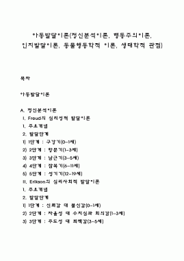 아동발달이론(정신분석이론 행동주의이론 인지발달이론 동물행동학적 이론 생태학적 관점)-1페이지