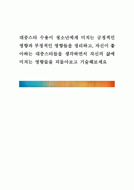 [ 대중스타 수용이 청소년에게 미치는 긍정적인 영향과 부정적인 영향들을 정리하고 자신이 좋아하는 대중스타들을 생각하면서 자신의 삶에 미치는 영향들을 되돌아보고 기술해보세요 ]-1페이지