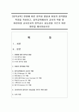 [음악교육] 연령에 따른 음악성 발달과 아동의 음악발달 특징을 작성하고 음악교육에서의 교사의 역할 및 어린이집 교사로서의 음악교수 효능감을 기르기 위한 방안을 제시하십시오-1페이지