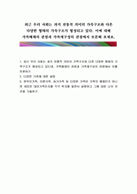 최근 우리 사회는 과거 전통적 의미의 가족구조와 다른 다양한 형태의 가족구조가 형성되고 있다 이에 대해 가족해체의 관점과 가족재구성의 관점에서 토론해 보세요-1페이지