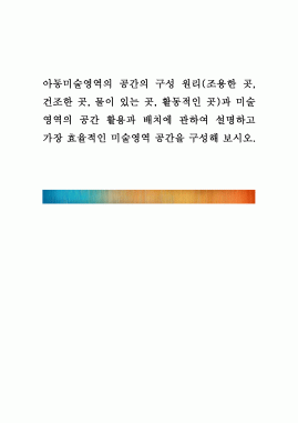 [ 아동미술영역의 공간의 구성 원리(조용한 곳 건조한 곳 물이 있는 곳 활동적인 곳)과 미술영역의 공간 활용과 배치에 관하여 설명하고 가장 효율적인 미술영역 공간을 구성해 보시오 ]-1페이지