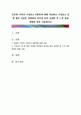 튼튼한 가족의 구성요소 6항목에 대해 기술하고 구성요소 중 한 항목 이상을 선택하여 일주일 동안 실천한 후 느낀 점과 변화된 점을 서술하시오-1페이지