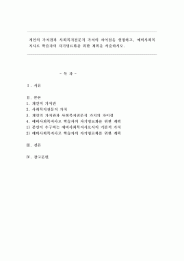 [사회복지] 개인의 가치관과 사회복지전문직 가치의 차이점을 설명하고 예비사회복지사로 학습자의 자기명료화를 위한 계획을 서술하시오-1페이지