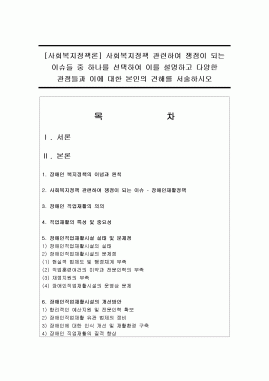 [사회복지정책론] 사회복지정책 관련하여 쟁점이 되는 이슈들 중 하나를 선택하여 이를 설명하고 다양한 관점들과 이에 대한 본인의 견해를 서술하시오-1페이지