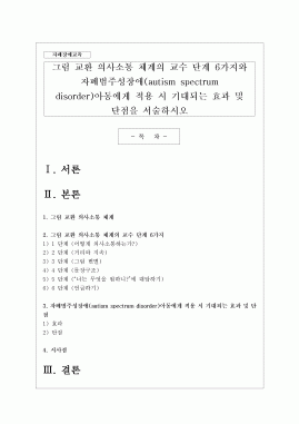 그림 교환 의사소통 체계의 교수 단계 6가지와 자폐범주성장애(autism spectrum disorder)아동에게 적용 시 기대되는 효과 및 단점을 서술하시오-1페이지