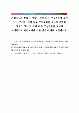 기업조직의 문화는 개성이 서로 다른 구성원들이 모여 있는 곳이다 이럴 경우 조직문화를 하나로 통합할 필요가 있는데 각기 다른 구성원들을 하나의 조직문화로 융합시키기 위한 방안에 대해 토론하시오-1페이지