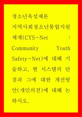 청소년육성제론 ) 지역사회청소년통합지원체계(CYS-Net  Community Youth Safety-Net)에 대해 기술하고 현 시스템의 단점과 그에 대한 개선방안(개인의견)에 대해 논하시오-1페이지