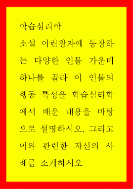 학습심리학 ) 소설 어린왕자에 등장하는 다양한 인물 가운데 하나를 골라 이 인물의 행동 특성을 학습심리학에서 배운 내용을 바탕으로 설명하시오-1페이지