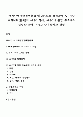 [아시아태평양경제협력체] APEC의 발전과정 및 위상 우리나라(한국)의 APEC 역사 APEC에 관한 주요국의 입장과 과제 APEC 향후과제와 전망-1페이지