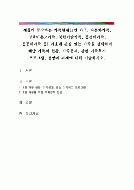 새롭게 등장하는 가족형태(1인 가구 다문화가족 양육미혼모가족 북한이탈가족 동생애가족 공동체가족 등) 가운데 관심 있는 가족을 선택하여 해당 가족의 현황 가족문제 관련 가족복지 프로그램 전망과 과제에 대해 -1페이지