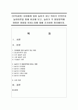 [보육과정] 유아에게 있어 놀이가 지닌 의미가 무엇인지 놀이이론을 통해 비교해 보고 놀이가 각 발달영역에 어떠한 영향을 미치는지에 대해 조사하여 정리해보자-1페이지