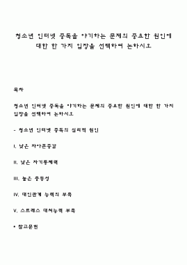 청소년 인터넷 중독을 야기하는 문제의 중요한 원인에 대한 한 가지 입장을 선택하여 논하시오-1페이지