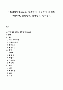 아동발달장애(ADHD 학습장애 배설장애 자폐증 정신지체 불안장애 품행장애 섭식장애)-1페이지