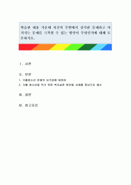 학습한 내용 가운데 자신의 주변에서 심각한 문제라고 여겨지는 문제를 극복할 수 있는 방안이 무엇인지에 대해 토론하시오-1페이지