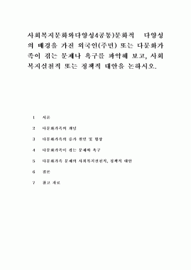 사회복지문화와다양성4공통)문화적 다양성의 배경을 가진 외국인(주민) 또는 다문화가족이 겪는 문제나 욕구를 파악해 보고 사회복지실천적 또는 정책적 대안을 논하시오-1페이지