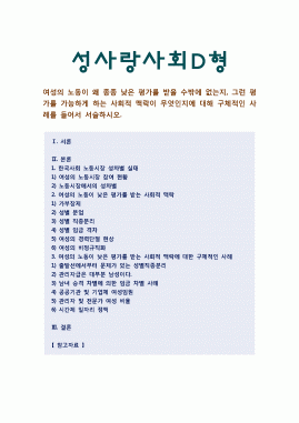 [성사랑사회D형] 여성의 노동이 왜 종종 낮은 평가를 받을 수밖에 없는지 그런 평가를 가능하게 하는 사회적 맥락이 무엇인지 구체적인 사례-1페이지