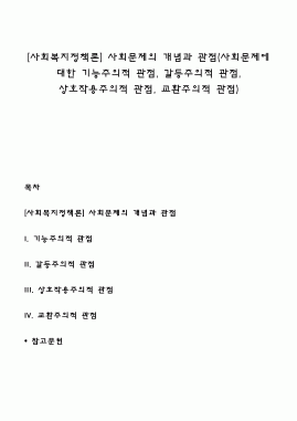 [사회복지정책론] 사회문제의 개념과 관점(사회문제에 대한 기능주의적 관점 갈등주의적 관점 상호작용주의적 관점 교환주의적 관점)-1페이지