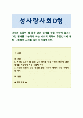 [성사랑사회D형] 여성의 노동이 왜 종종 낮은 평가를 받을 수밖에 없는지 그런 평가를 가능하게 하는 사회적 맥락이 무엇인지에 대해 구체적인 사례-1페이지