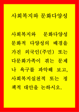 사회복지 = 사회복지와 문화다양성 = 문화적 다양성의 배경을 가진 외국인(주민) 또는 다문화가족이 겪는 문제나 욕구-1페이지