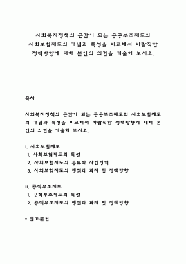 사회복지정책의 근간이 되는 공공부조제도와 사회보험제도의 개념과 특성을 비교해서 바람직한 정책방향에 대해 본인의 의견을 기술해 보시오-1페이지