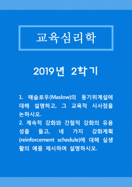 [교육심리학] 1 매슬로우(Maslow)의 동기위계설에 대해 설명하고 그 교육적 시사점 2 계속적 강화와 간헐적 강화의 유용성 네 가지 강화계획 실생활의 예-1페이지