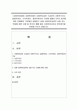 [사회복지법제] 사회복지법의 사회복지급여 수급권의 규범적구조는 실체적권리 수속적권리 절차적권리의 구성에 대해서 3가지 권리에 대한 유형별로 구분해서 설명하고 실제 사회복지급여의 남용 또는 악용에 대한 사례 중 한가지 예를 들어 사회복지사로서 본인생각을 반영해 주시기 바랍니다-1페이지